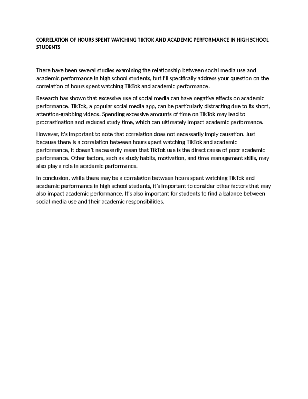 Correlation of TikTok Usage & Academic Performance in HS Students - Studocu