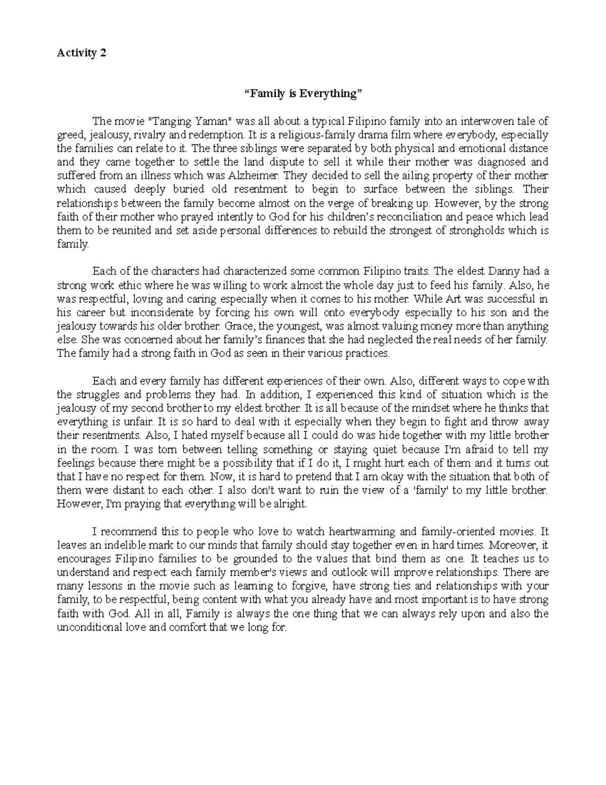 Tanging Yaman Movie Analysis: A Reflection on Family Dynamics - Studocu