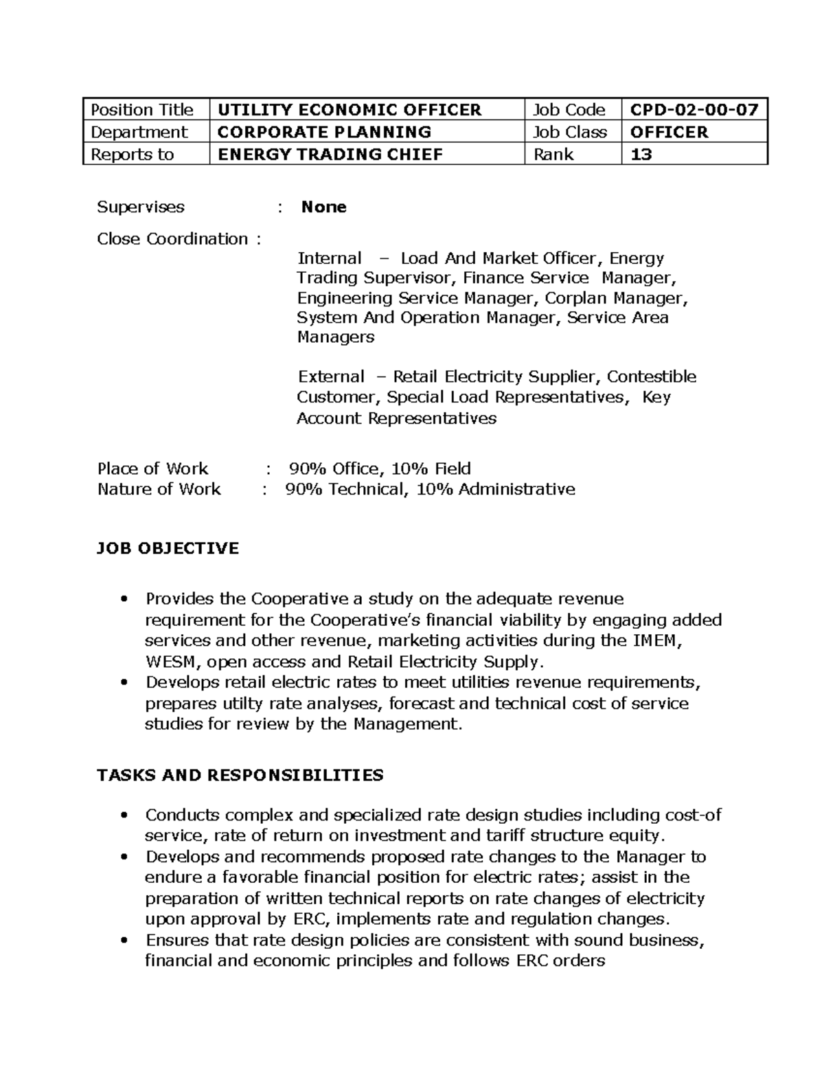 Utility Economics Officer Job Description (CPD-02-00) - Studocu
