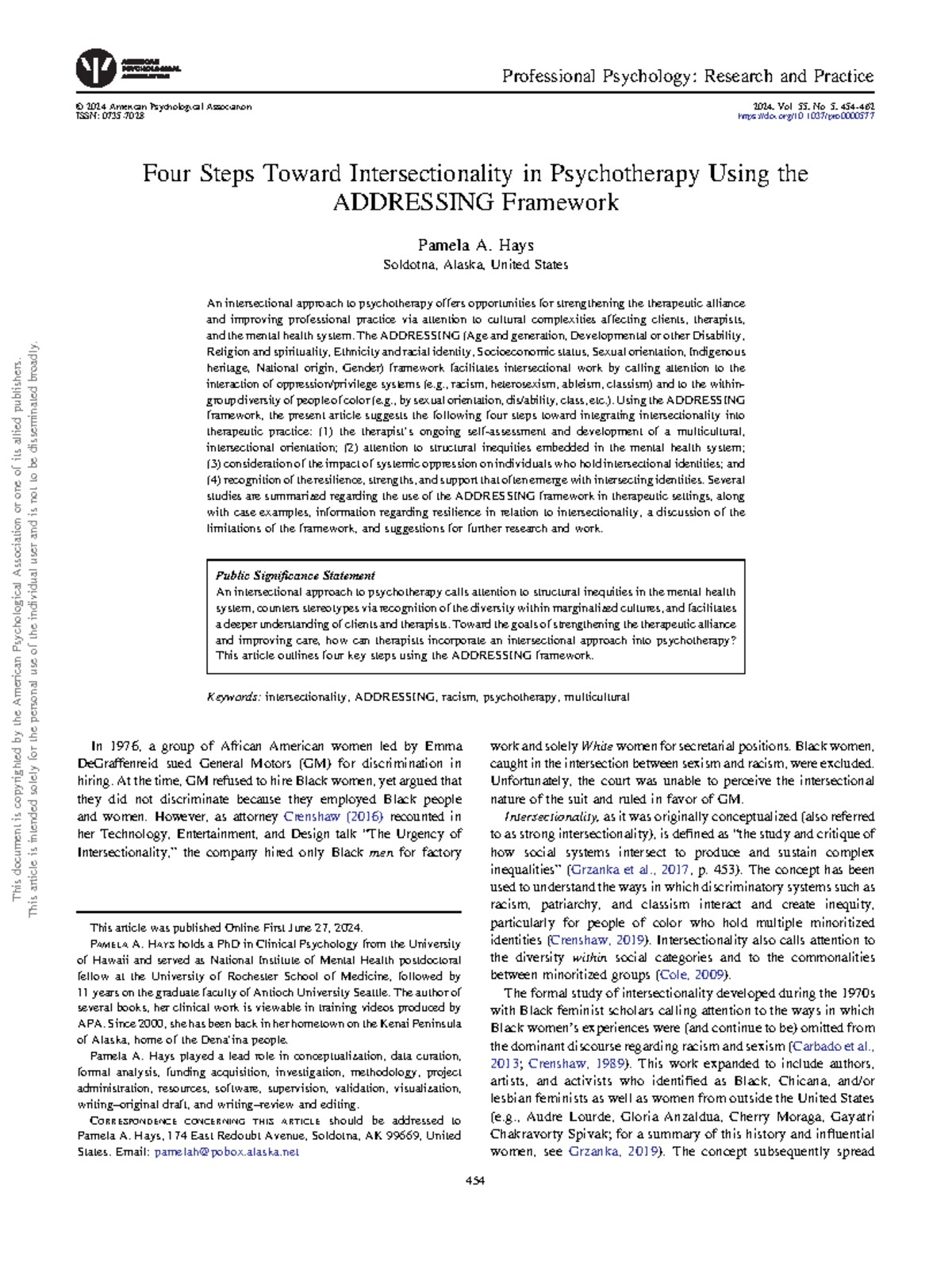 Intersectionality in Psychotherapy: Four Steps Using ADDRESSING ...