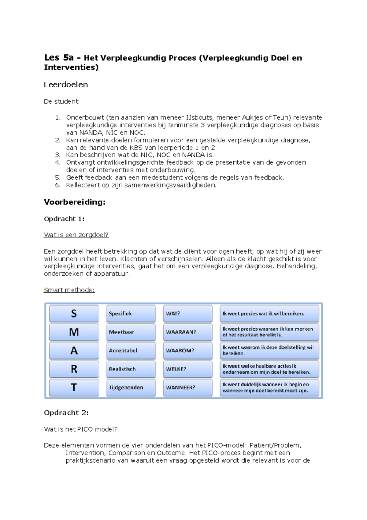 Kern Periode 2 Les 5a - Verpleegkundig Proces en Interventies - Studeersnel