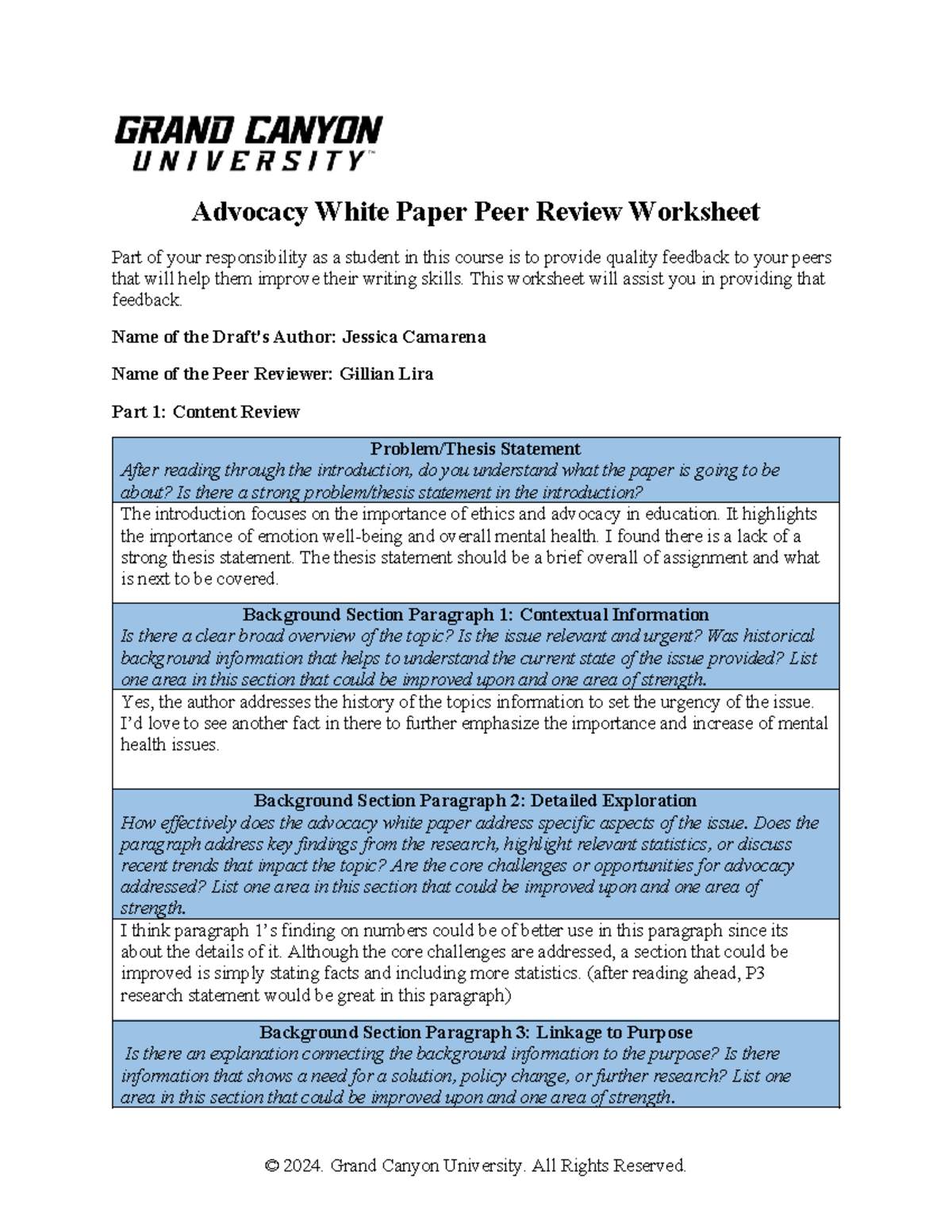 EDU Peer Review Worksheet for Advocacy White Paper - Studocu