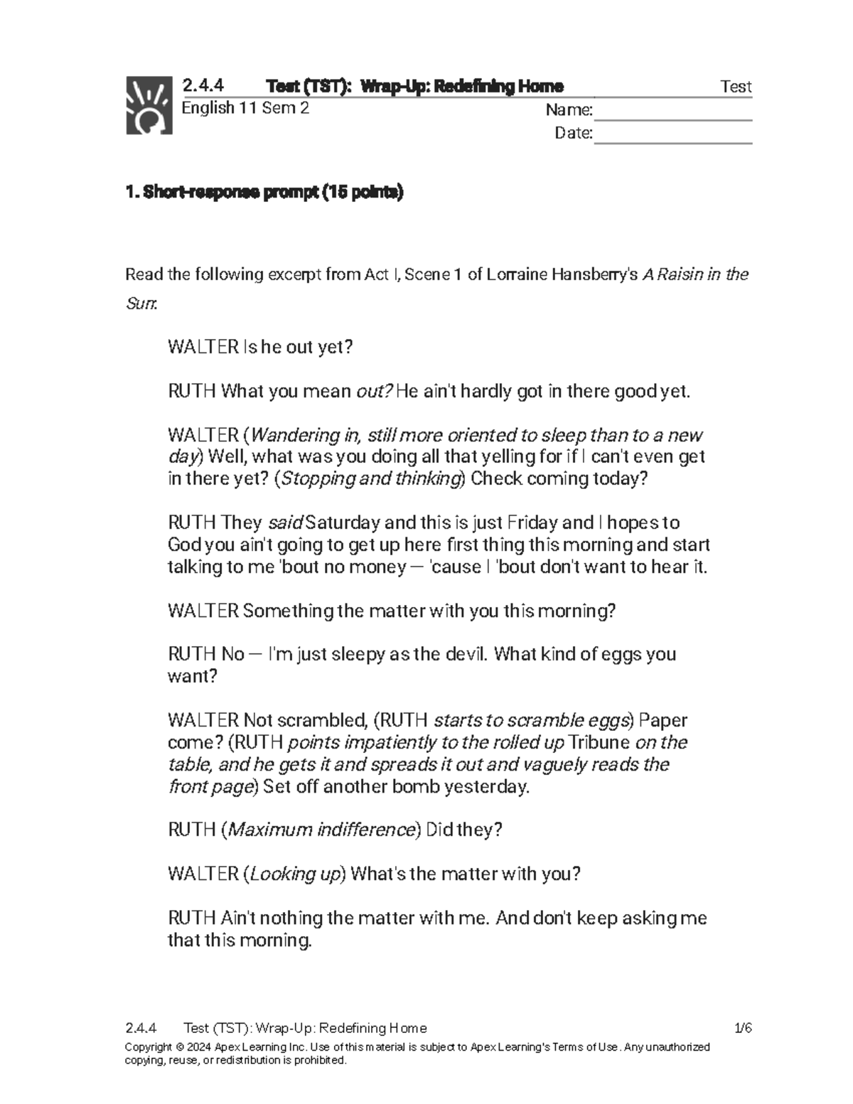 2.4.4 Test (TST): Analyzing Character Dynamics in A Raisin in the Sun ...
