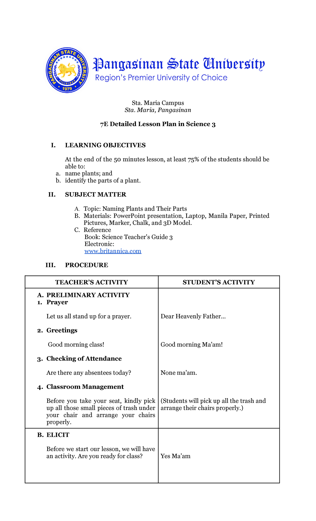 7E Detailed Lesson Plan: Naming Plants & Their Parts for Science 3 ...