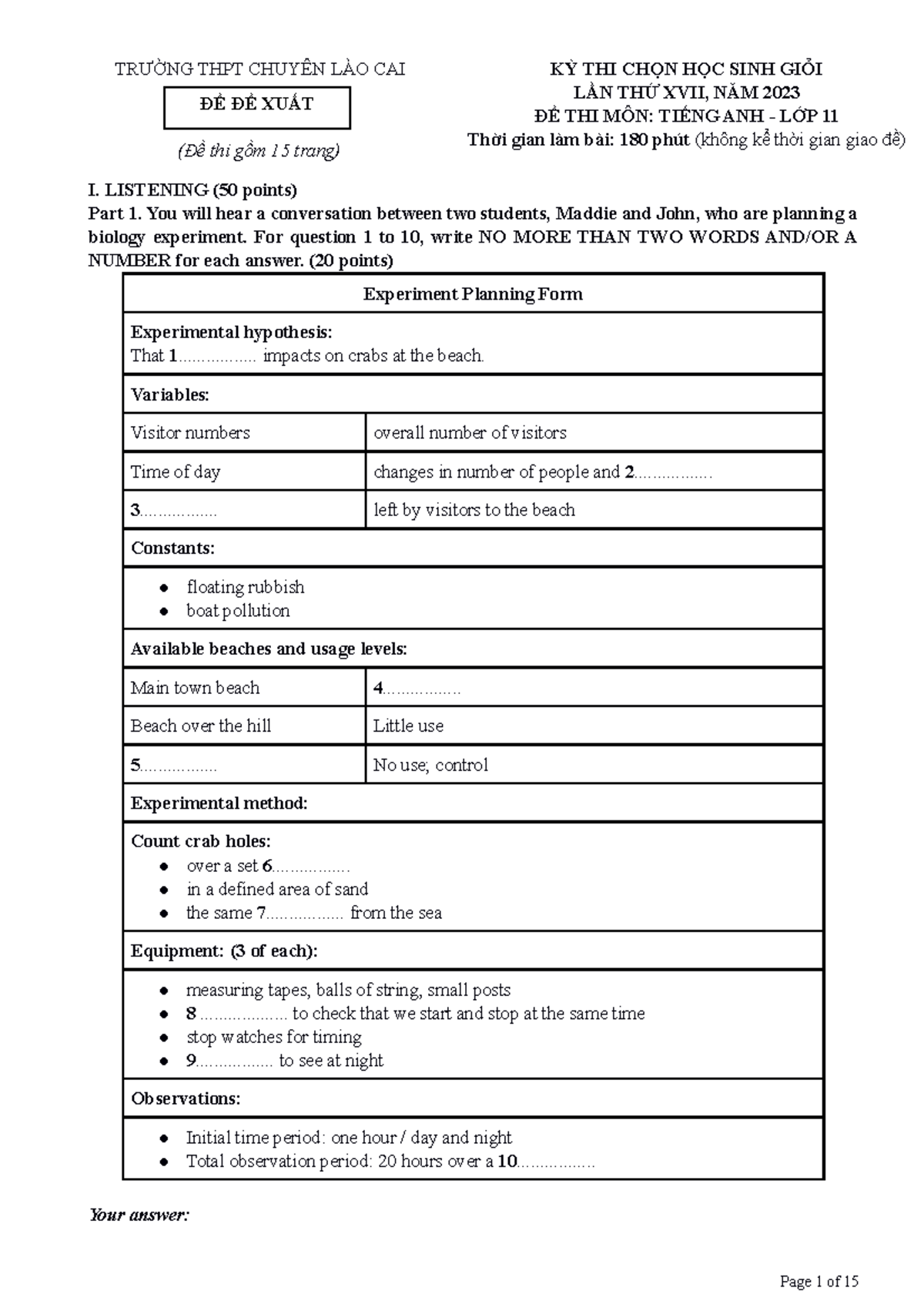 ĐỀ DE XUAT ANH 11 HUNG Vuong LAO CAI - TRƯỜNG THPT CHUYÊN LÀO CAI (Đề thi gồm 15 trang) KỲ THI ...