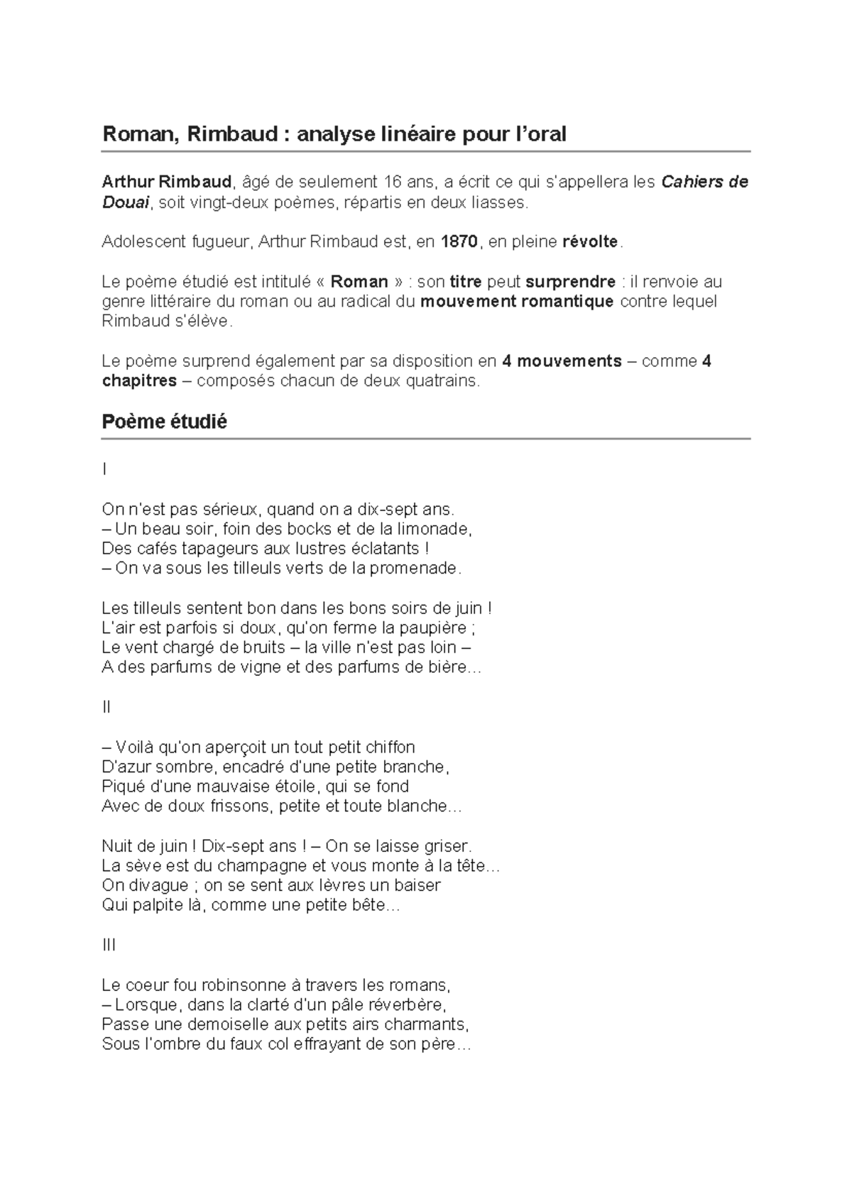 Analyse linéaire du poème "Roman" de Rimbaud pour l'oral - Studocu