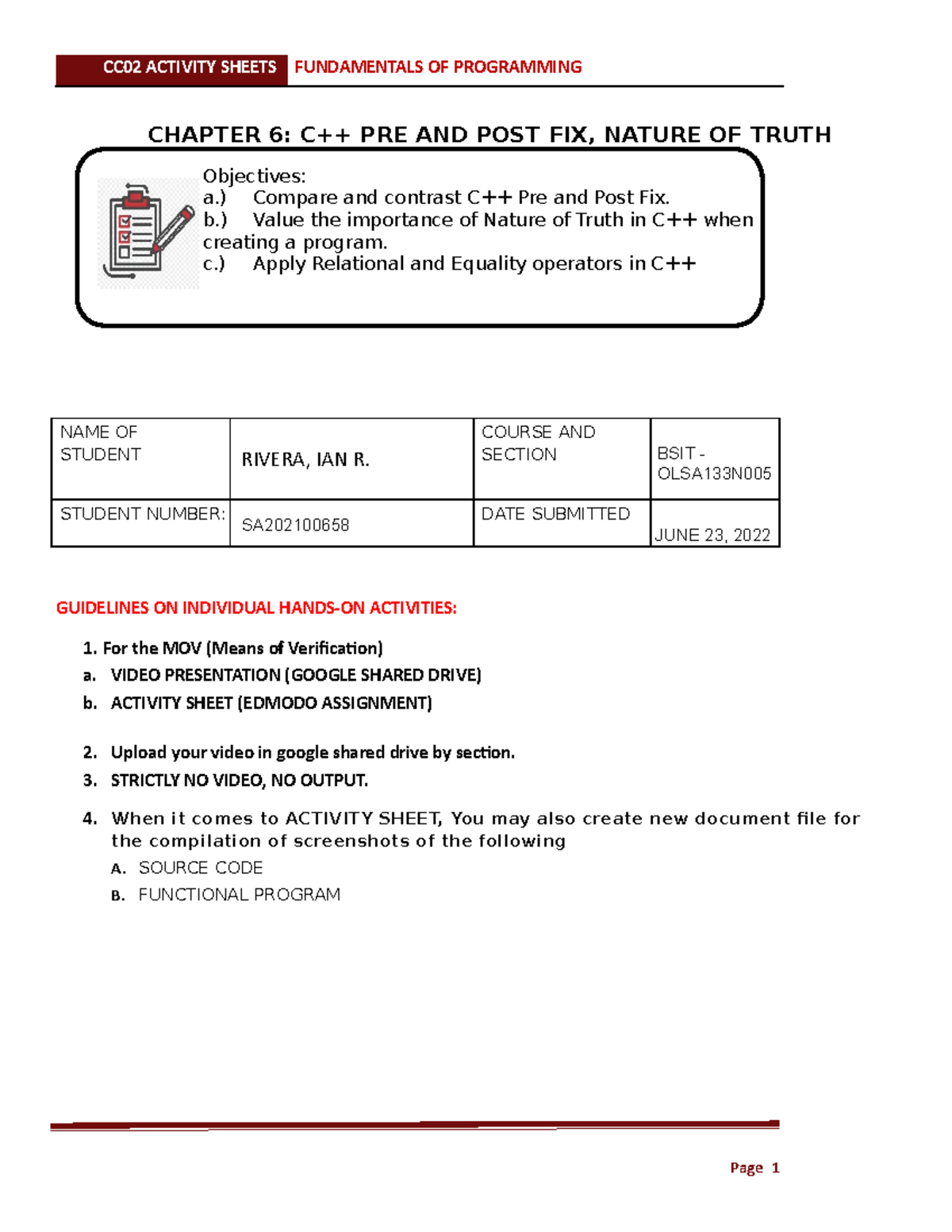 Rivera- Chapter 6 Activity Sheet - CHAPTER 6: C++ PRE AND POST FIX ...