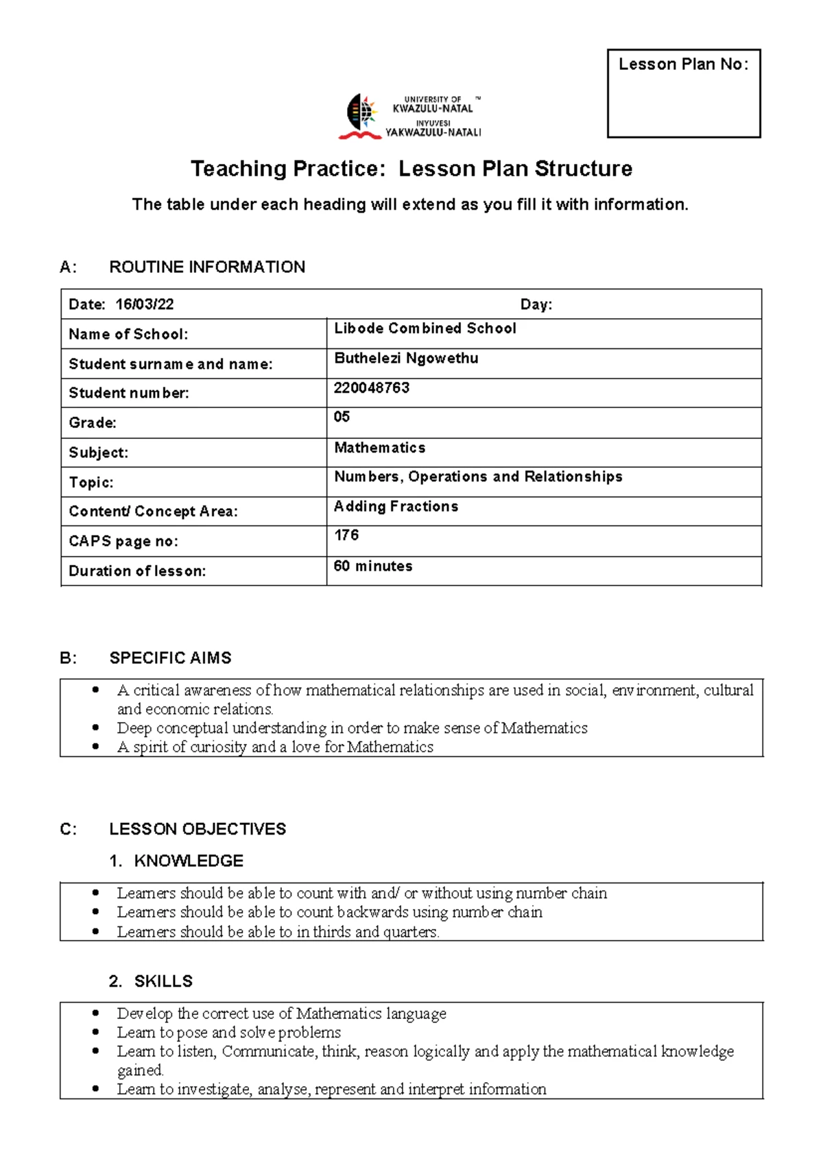 Mathematics Grade 5 Lesson Plan: Engaging with Common Fractions - Studocu