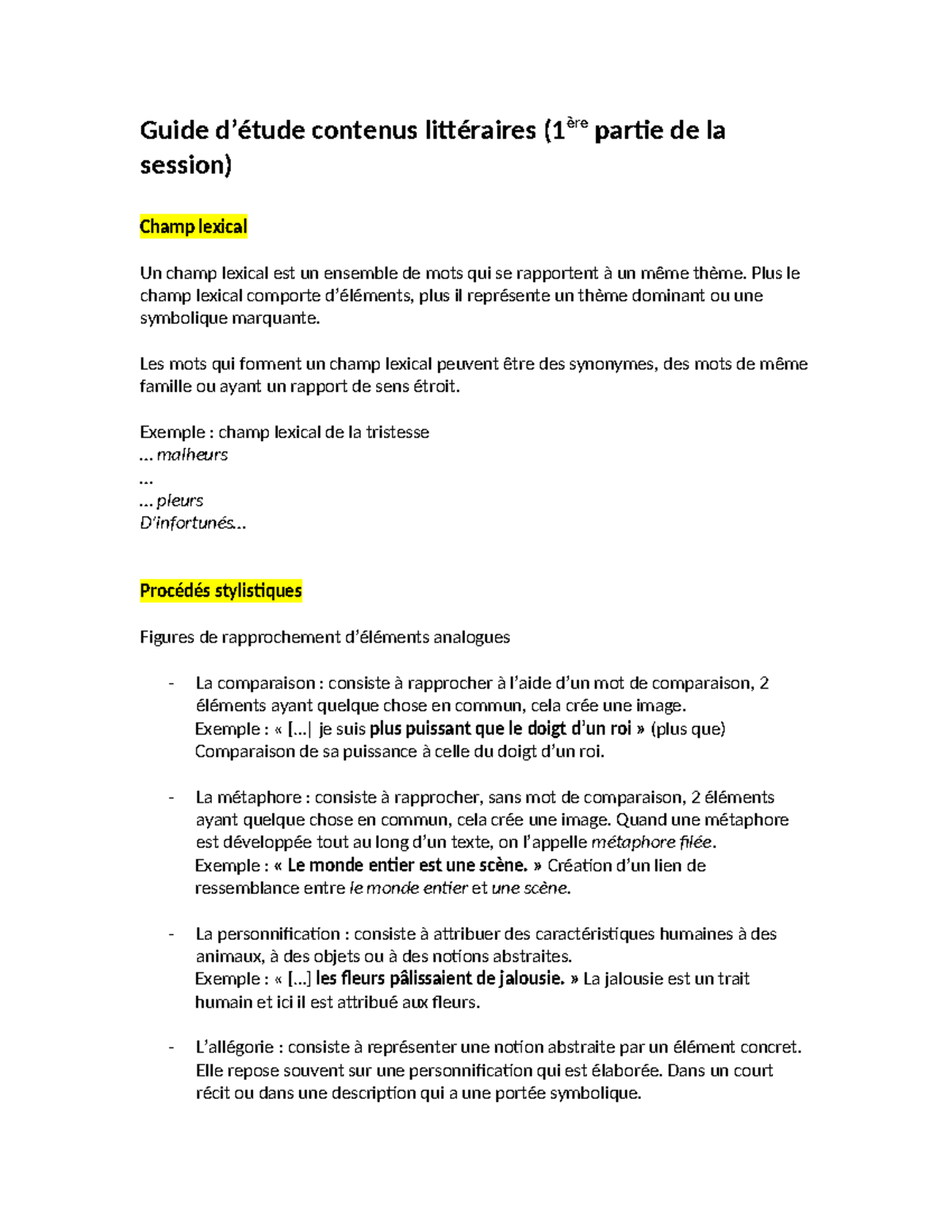 Guide d'étude pour l'examen 1 : Contenus littéraires et procédés - Studocu