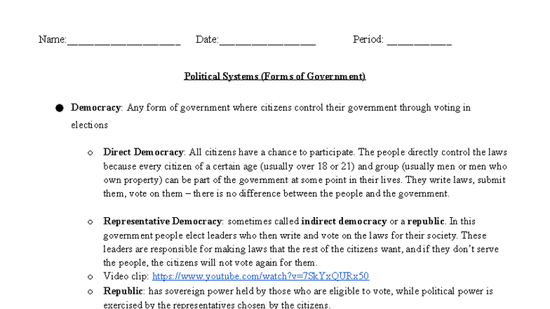 Political Systems: Forms of Government Activity (Gov 101) - Studocu