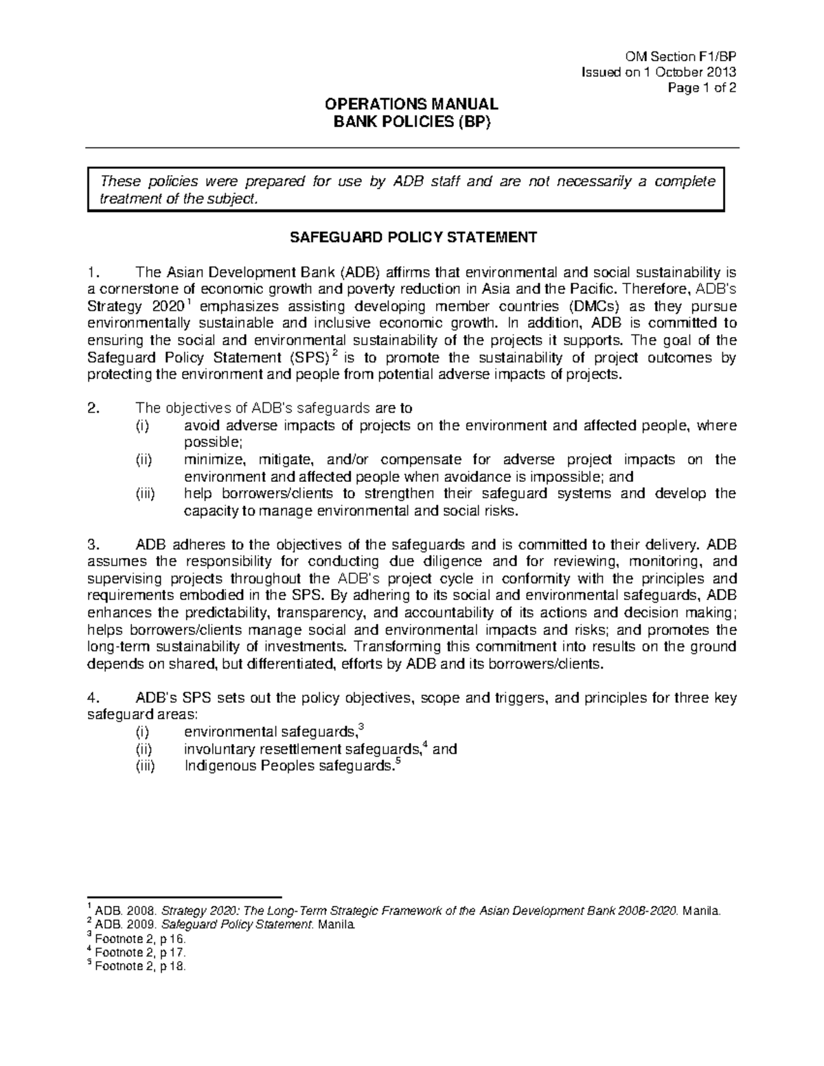 OM-F1-2013: ADB Safeguard Policy Statement and Operational Procedures ...