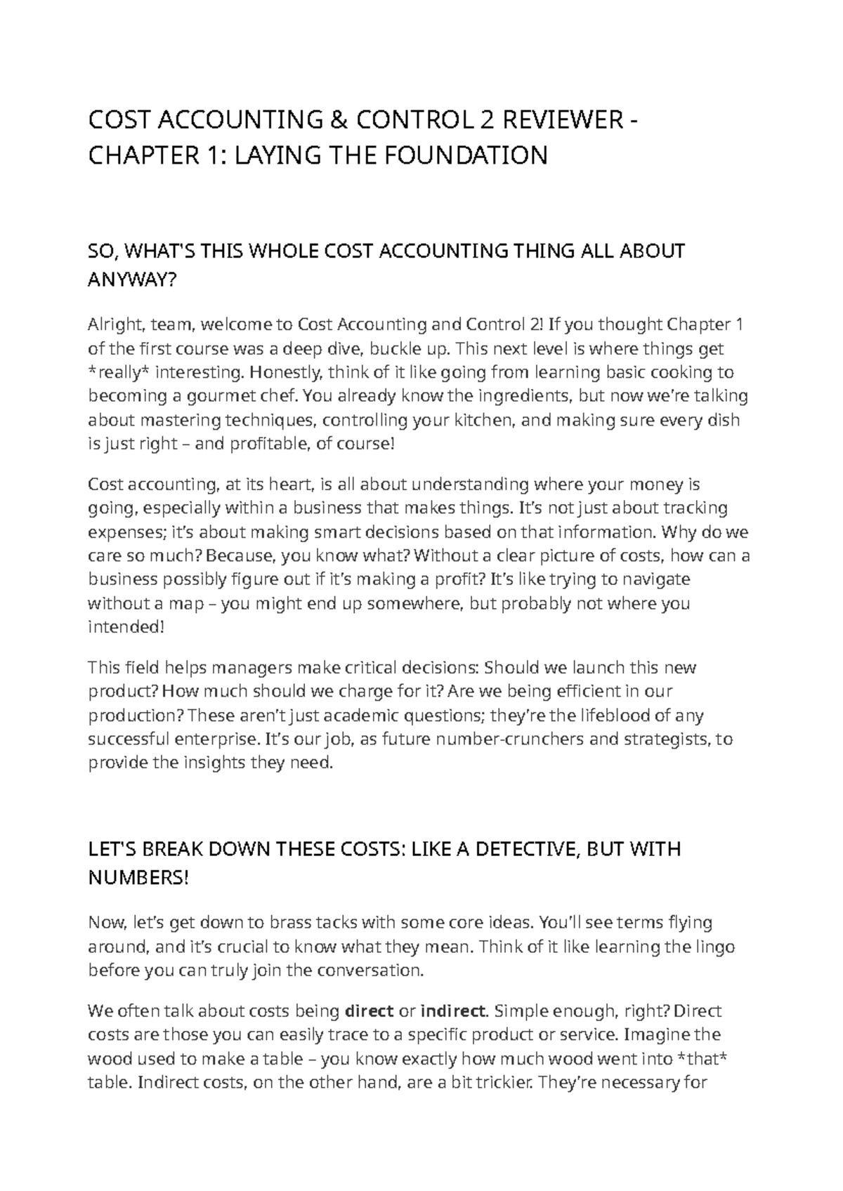 COST ACCOUNTING CONTROL 2 REVIEWER: CHAPTER 1 - FOUNDATIONS OF COSTS ...