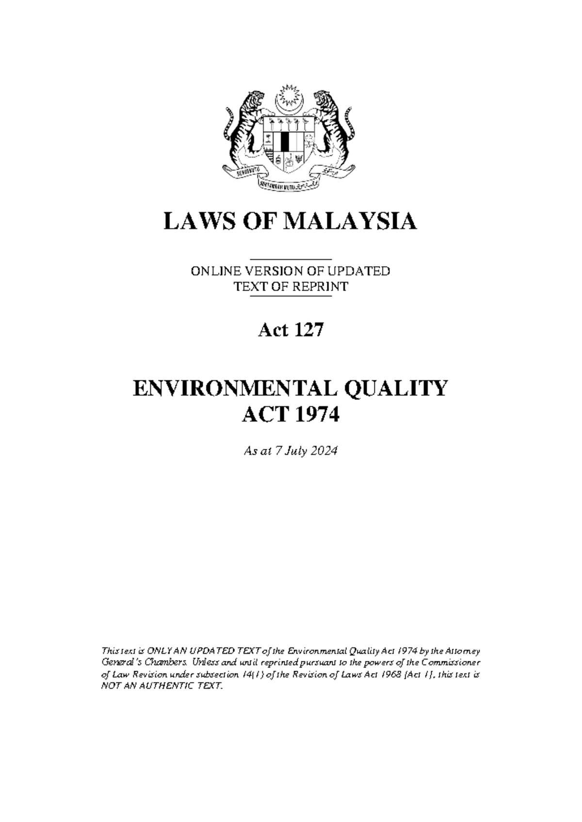 Environmental Quality Act 1974 (Act 127) - Updated Text as of July 2024 ...