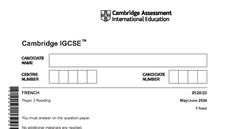 Cambridge 0520/23 FRENCH 2024 Paper 2 Reading Practice - Studocu