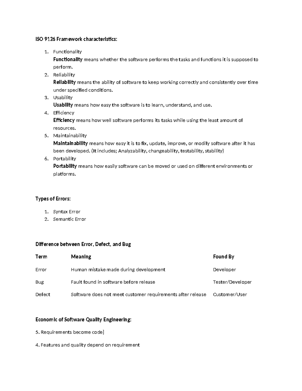 CS611 Important Topics: ISO 9126 Framework & Software Quality Concepts ...