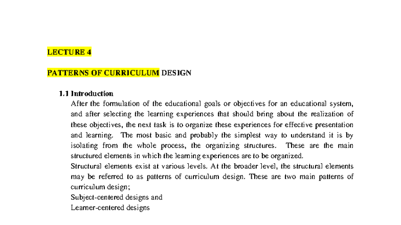 EMP201 Lecture 4: Patterns of Curriculum Design Overview - Studocu