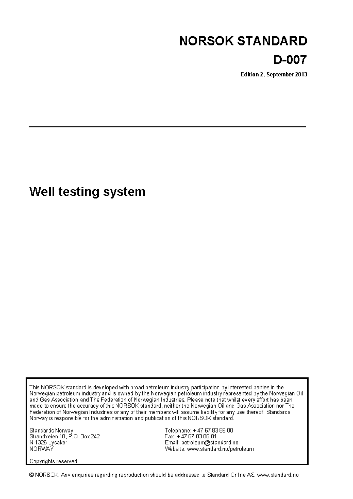 NORSOK Standard Edition 2: Well Testing System Overview - Studocu