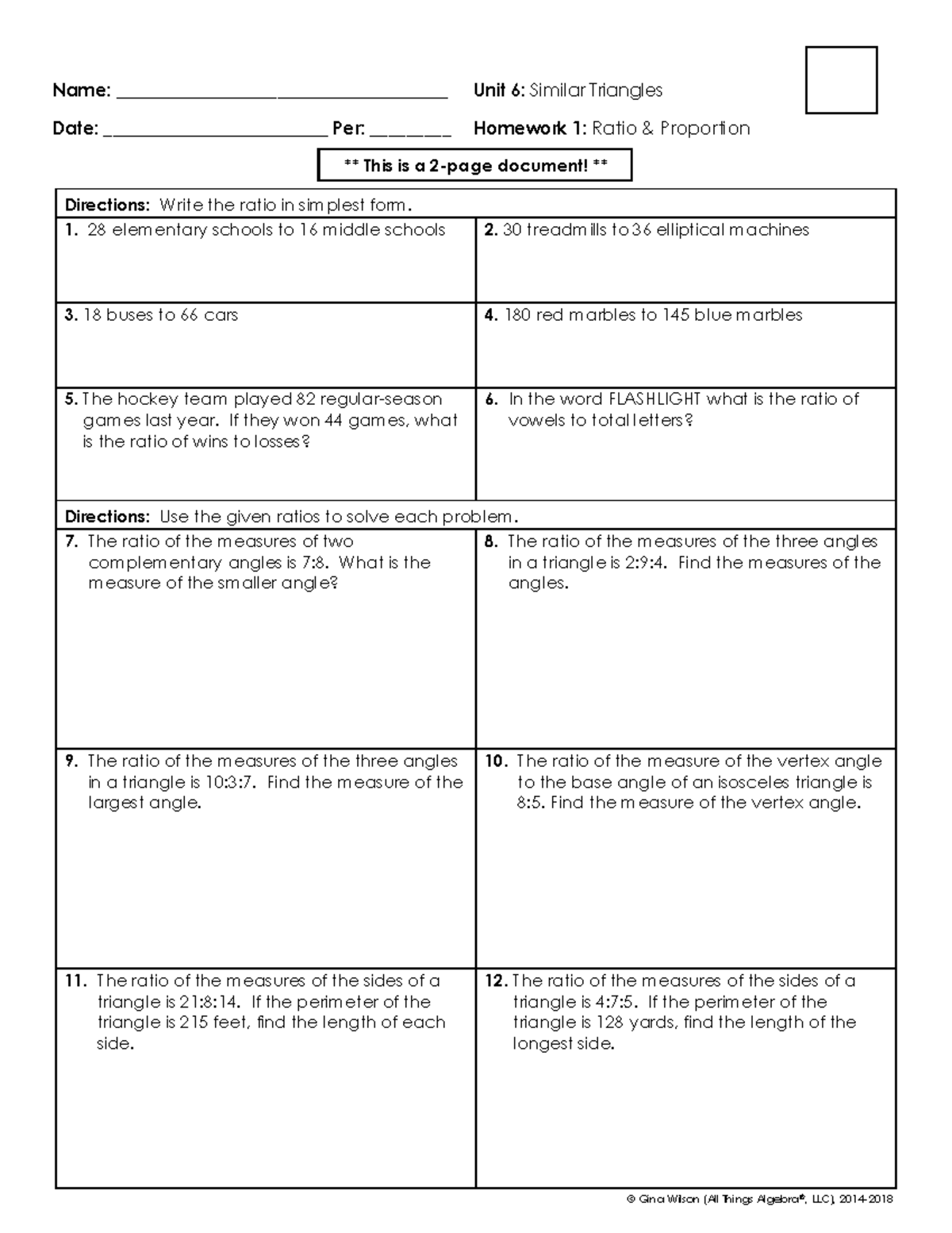 Unit 6: Similar Triangles - HW 1: Ratio & Proportion - Studocu
