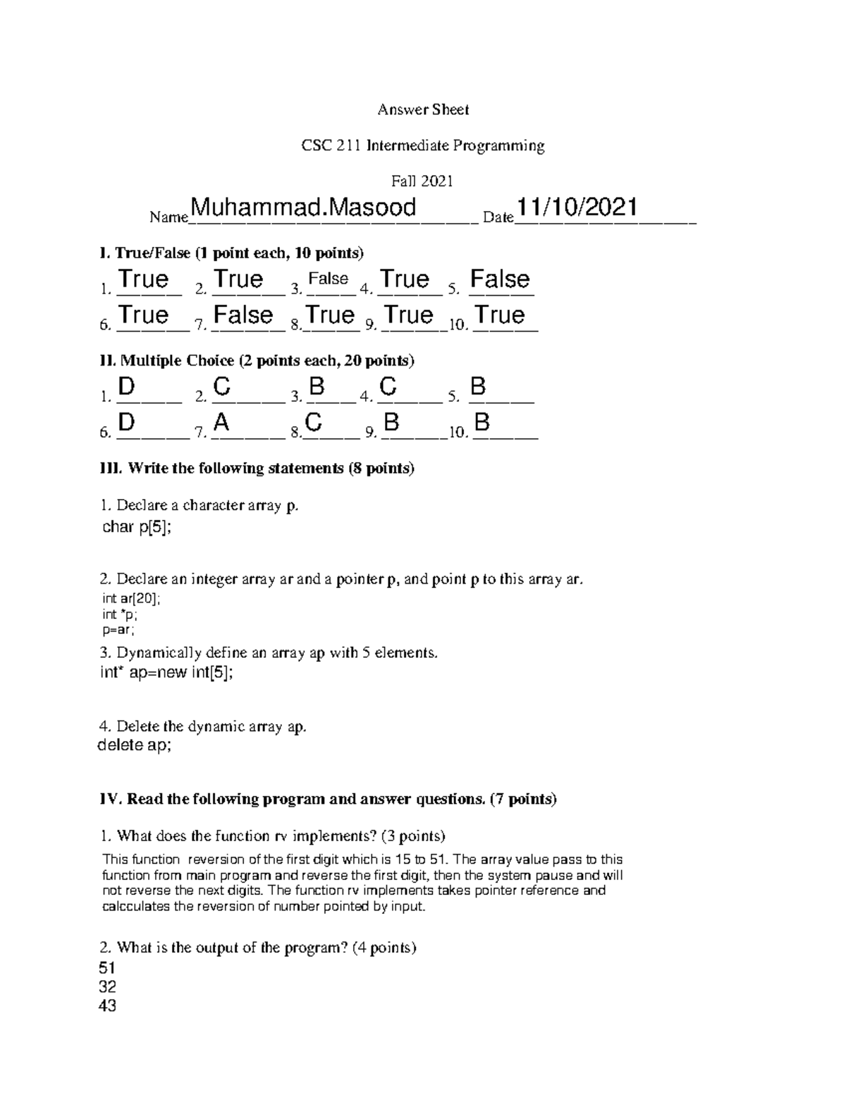 CSC 211 Final Exam Answer Sheet - Fall 2021 - Studocu