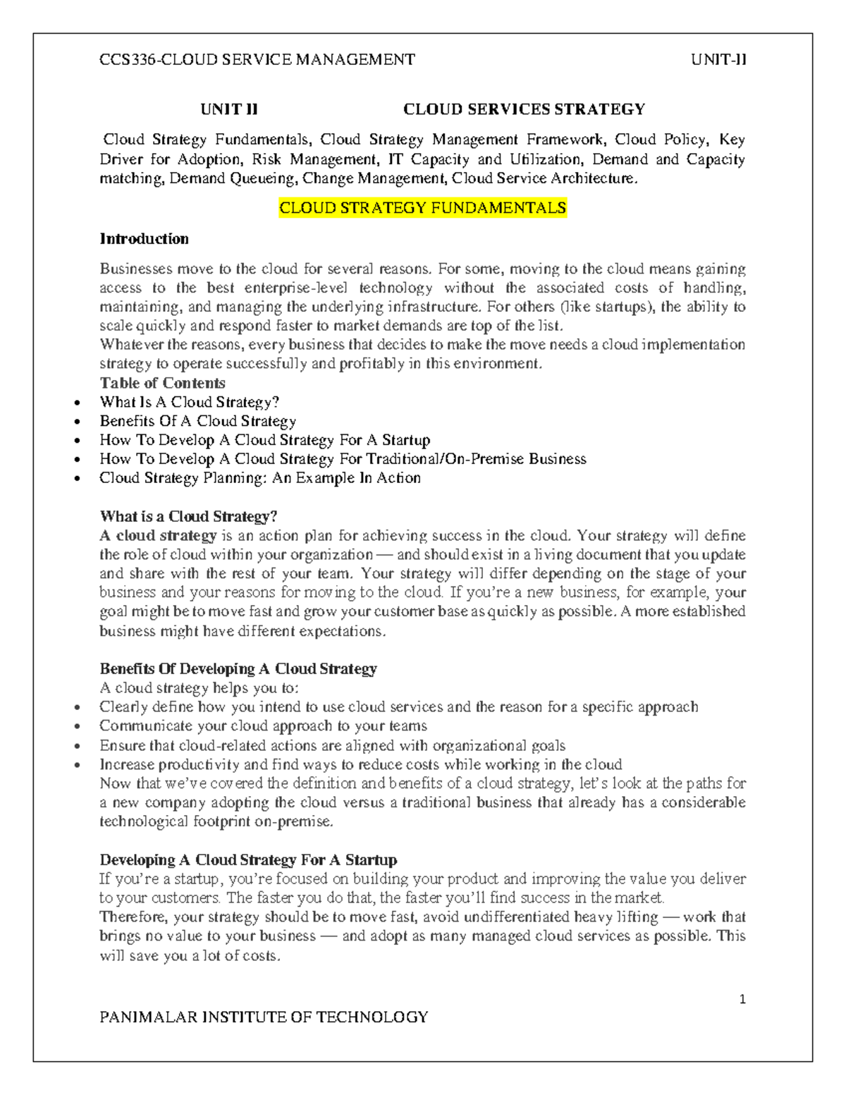 CSM UNIT II - Cloud Service Management Strategies and Frameworks - Studocu