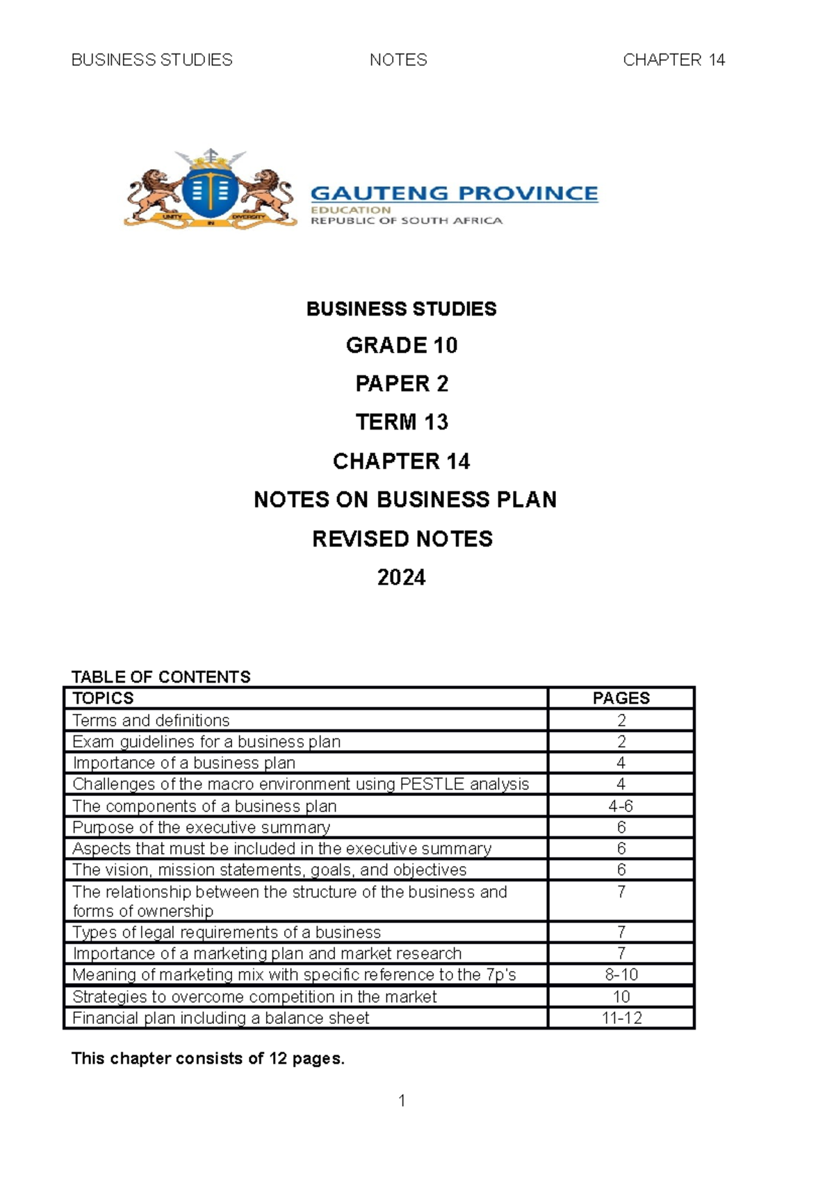 BUSINESS STUDIES GRADE 10 PAPER 2 CHAPTER 14 BUSINESS PLAN NOTES - Studocu
