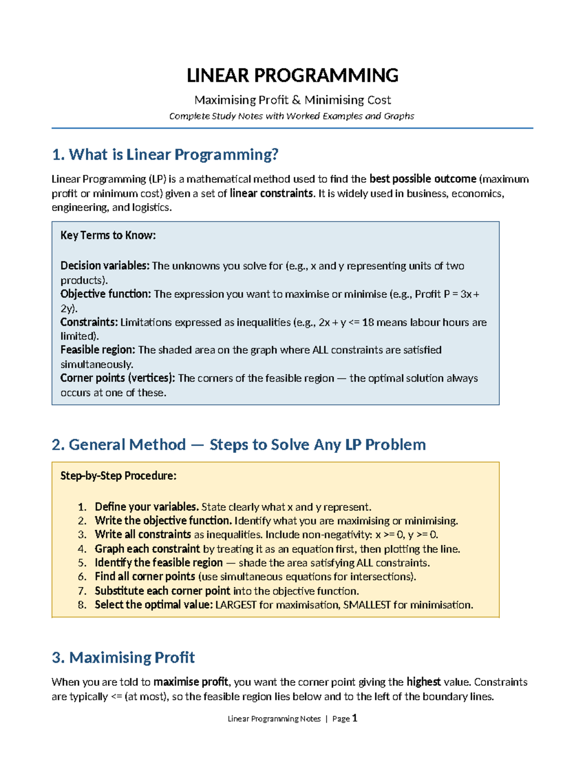Linear Programming (LP) Study Notes: Max Profit & Min Cost Examples ...