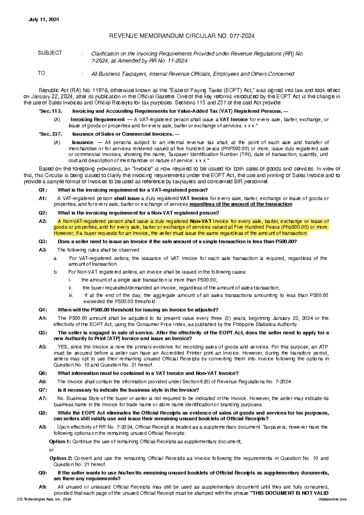 RMC 77-2024: Clarification on Invoicing Requirements under RR No. 7 ...