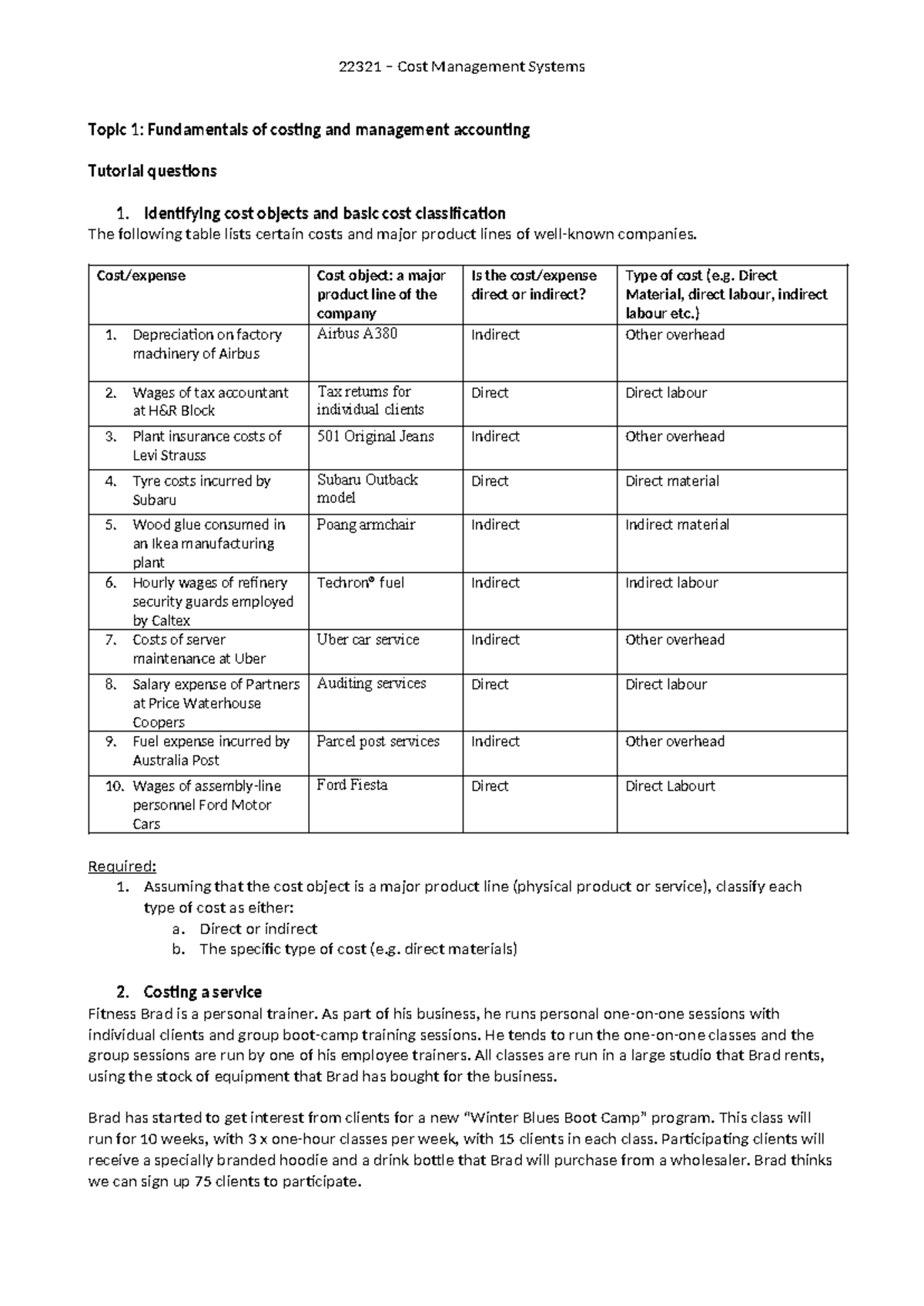 22321 Cost Management Systems Tutorial 2: Cost Classification ...