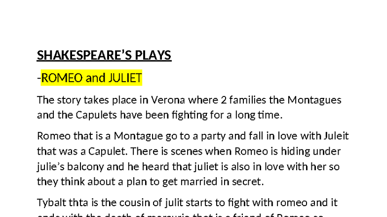 Shakespeare - PLAYS: Romeo & Juliet Summary and Themes - Studocu