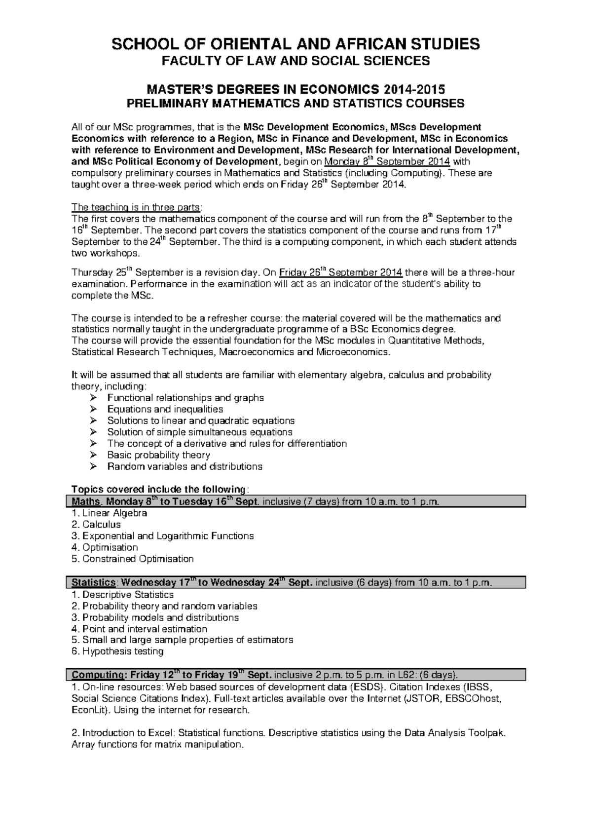 MSc Economics Preliminary Maths & Stats Course Outline (2014) - Studocu