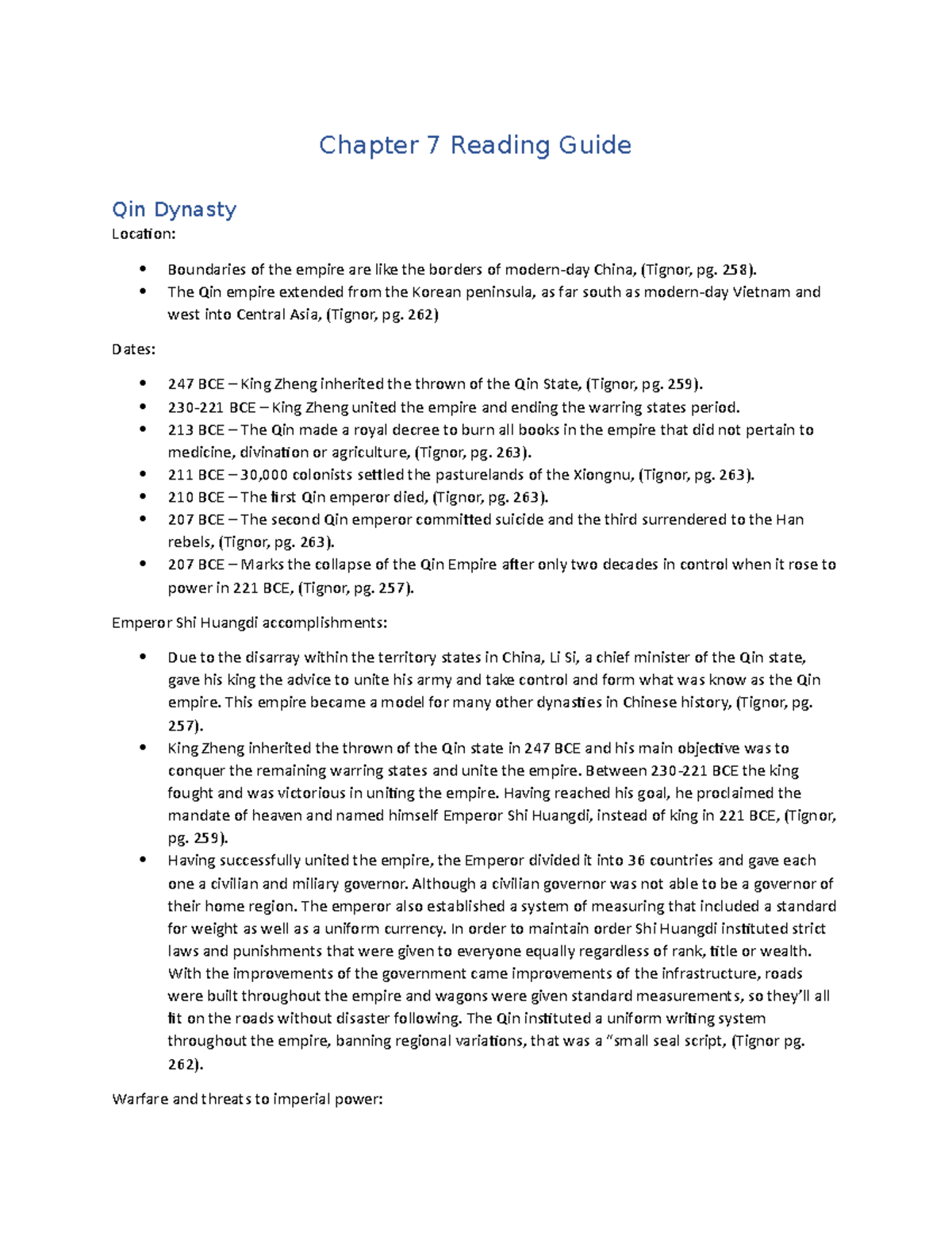 Chapter 7 Reading Guide - Chapter 7 Reading Guide Qin Dynasty Location ...