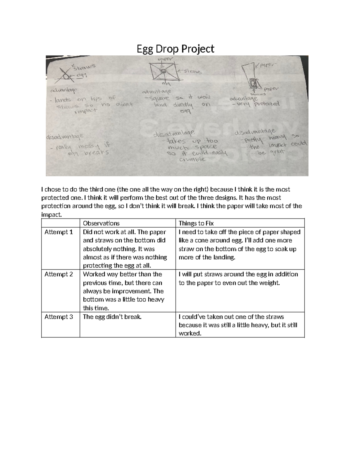 Egg Drop Lab Report: Experimenting with Design and Impact Analysis ...