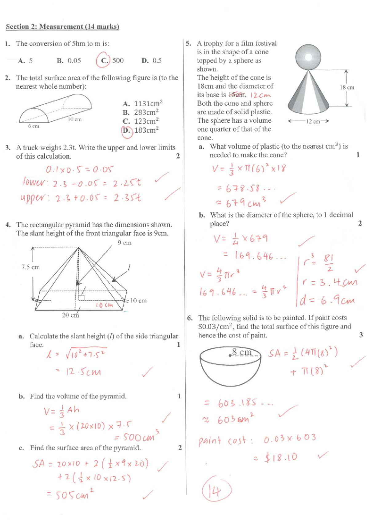 Solutions for Year 10 HY: Measurement Practice for Exams - Studocu