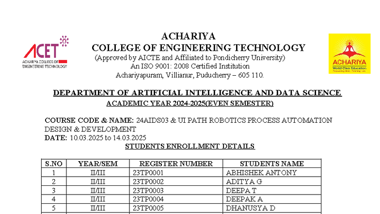 24AIDS03 UI Path RPA Design Development Quiz & Student Details - Studocu