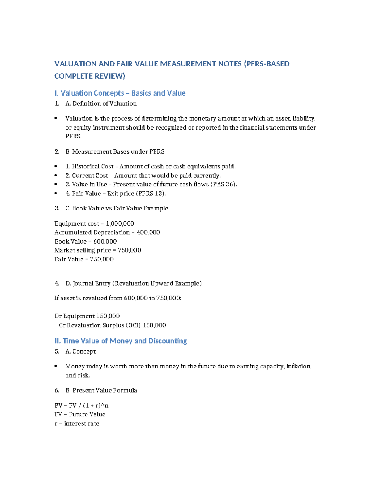 Valuation and Fair Value Measurement PFRS Complete Notes - Studocu