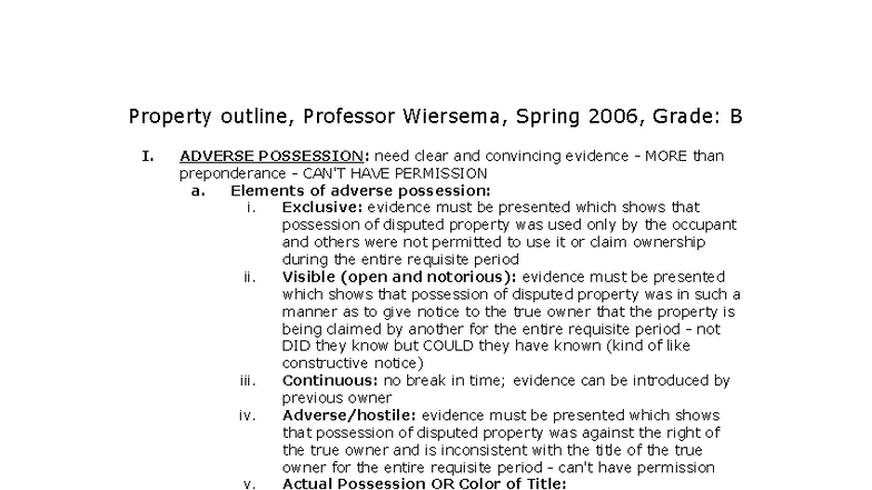 Property Outline - Adverse Possession & Easements (LAW 101) - Studocu