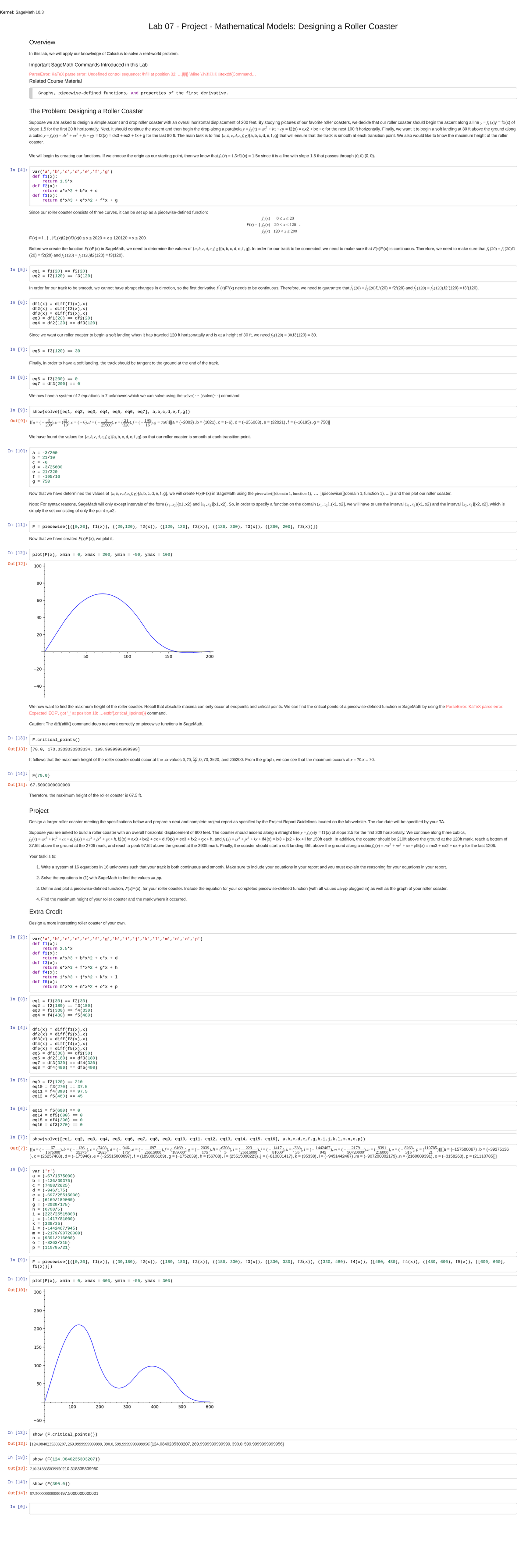 Lab 07 - Project - Math Models for Roller Coaster Design - Studocu