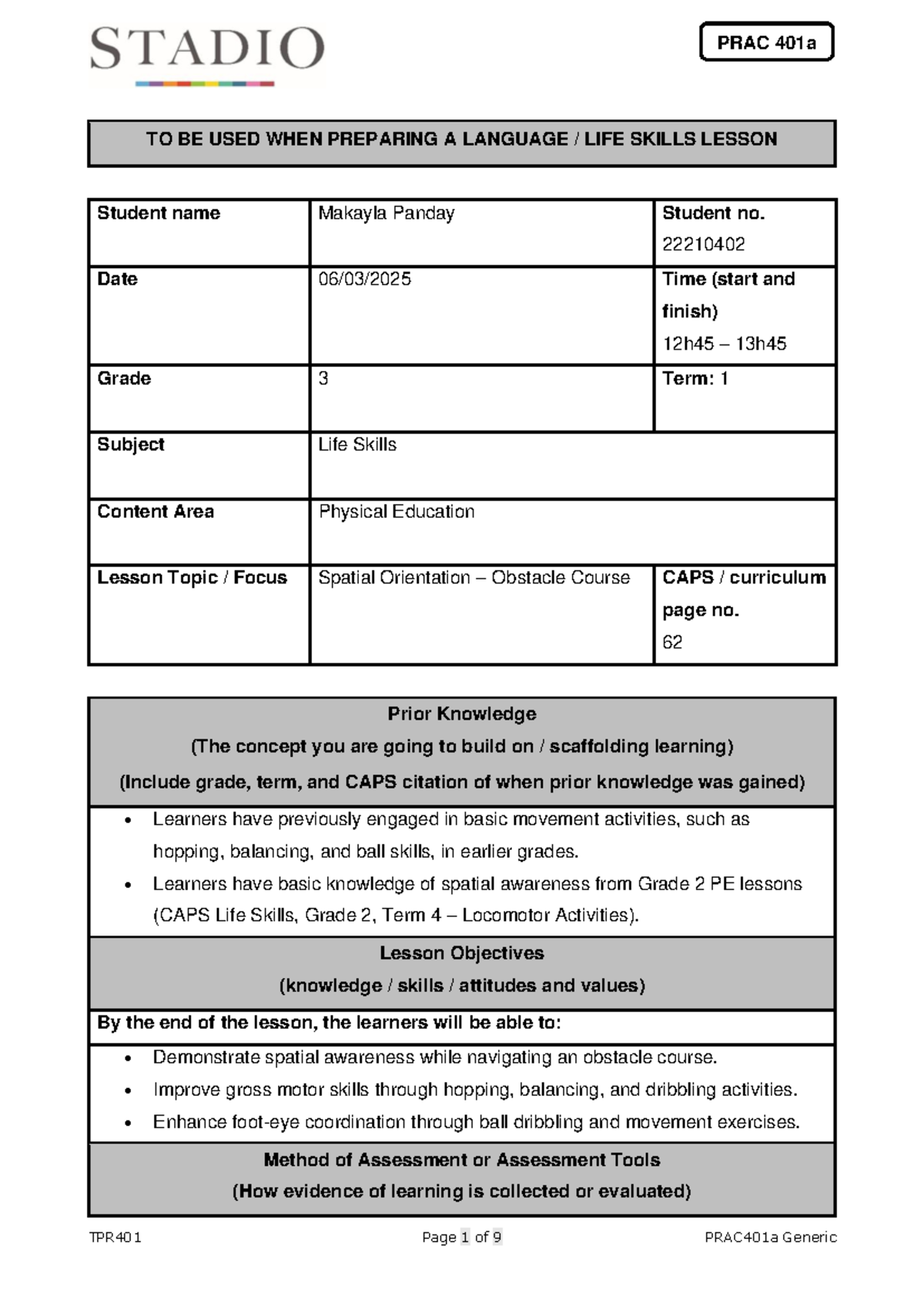 PRAC 401a: Life Skills PE Lesson Plan on Spatial Orientation - Studocu