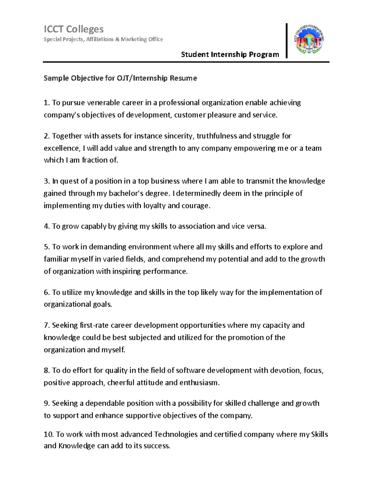 ICCT 2017 SIP Sample Objectives for OJT/Internship Resumes - Studocu