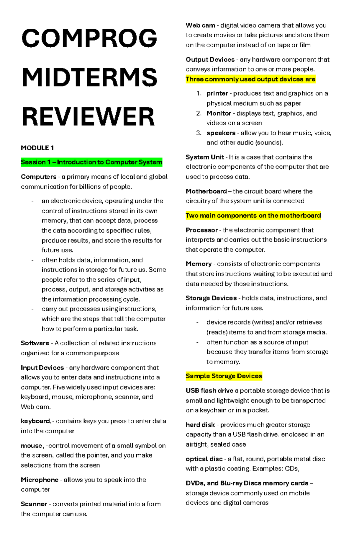 Comprg Midterms Reviewer - COMPROG MIDTERMS REVIEWER MODULE 1 Session 1 – Introduction to ...