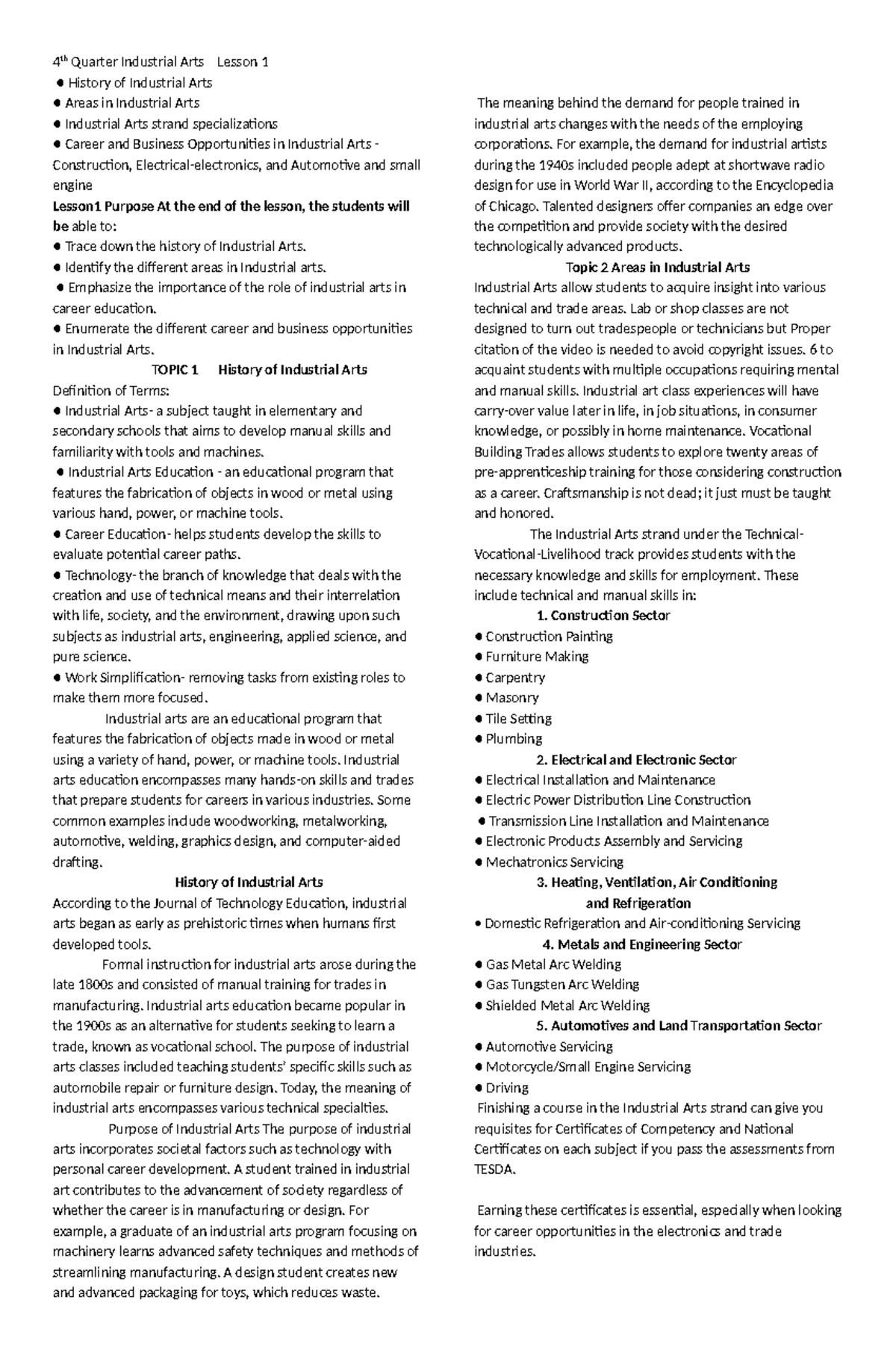 4th Quarter Industrial Arts: Lesson on History and Career Paths - Studocu