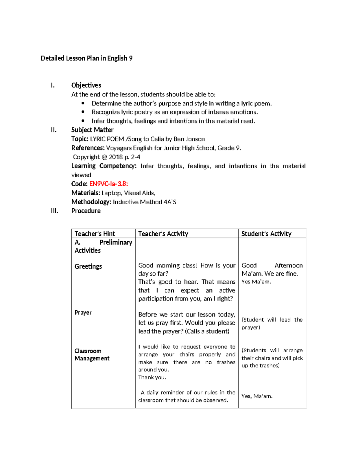 DLP ENG 9 -1-1 - First Quarter Lesson Plan: Lyric Poetry Exploration ...