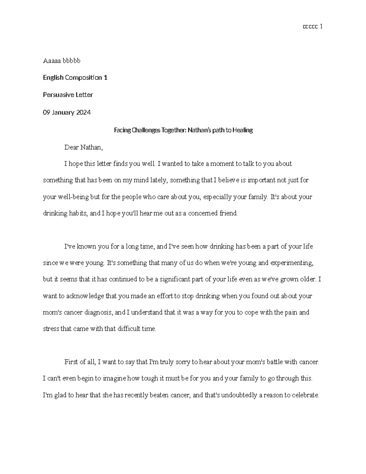 Persuasive Letter for Nathan - ENG 101 Assignment - Studocu
