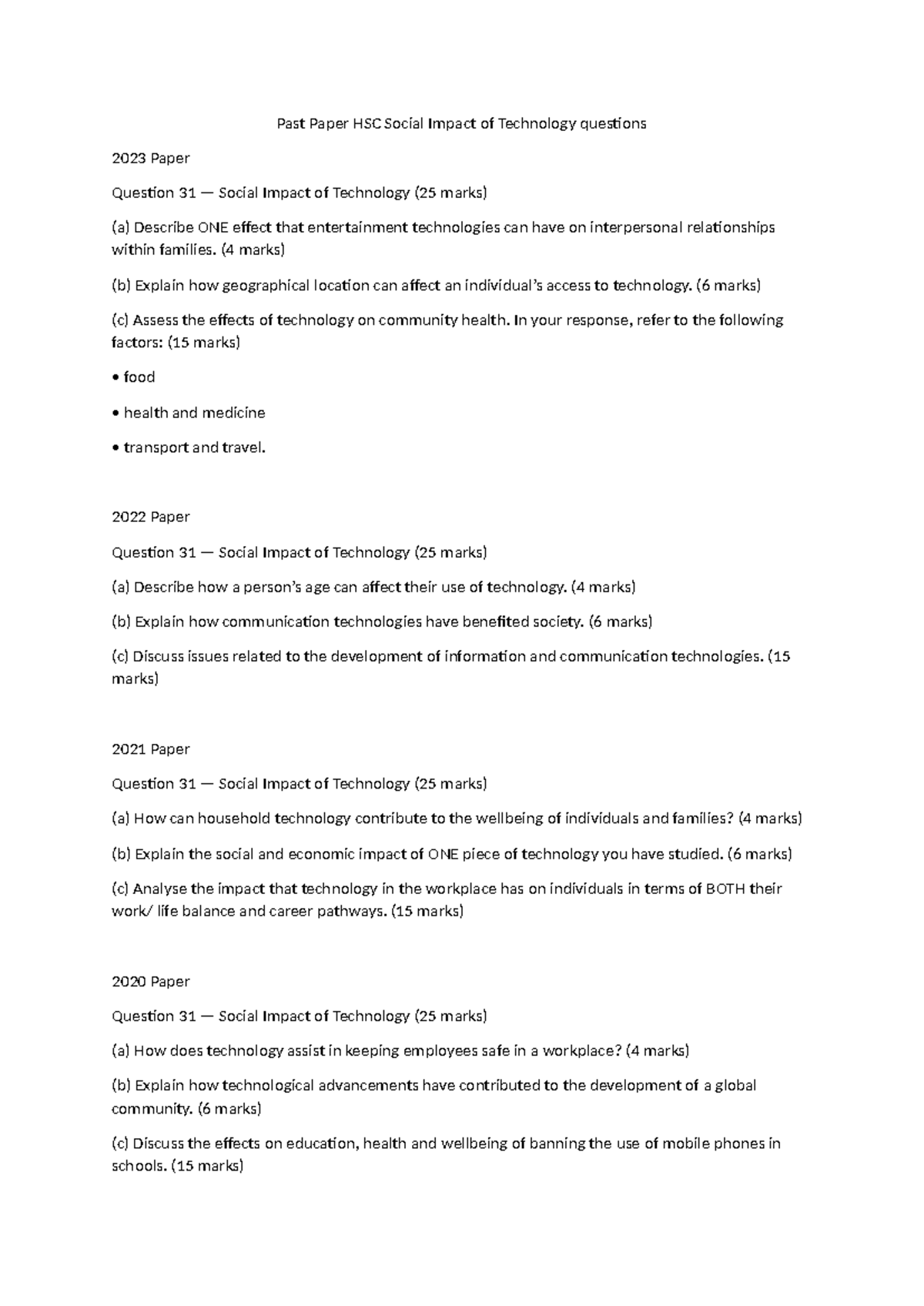 HSC CAFS Past Paper Questions: Social Impact of Technology (2001-2023 ...