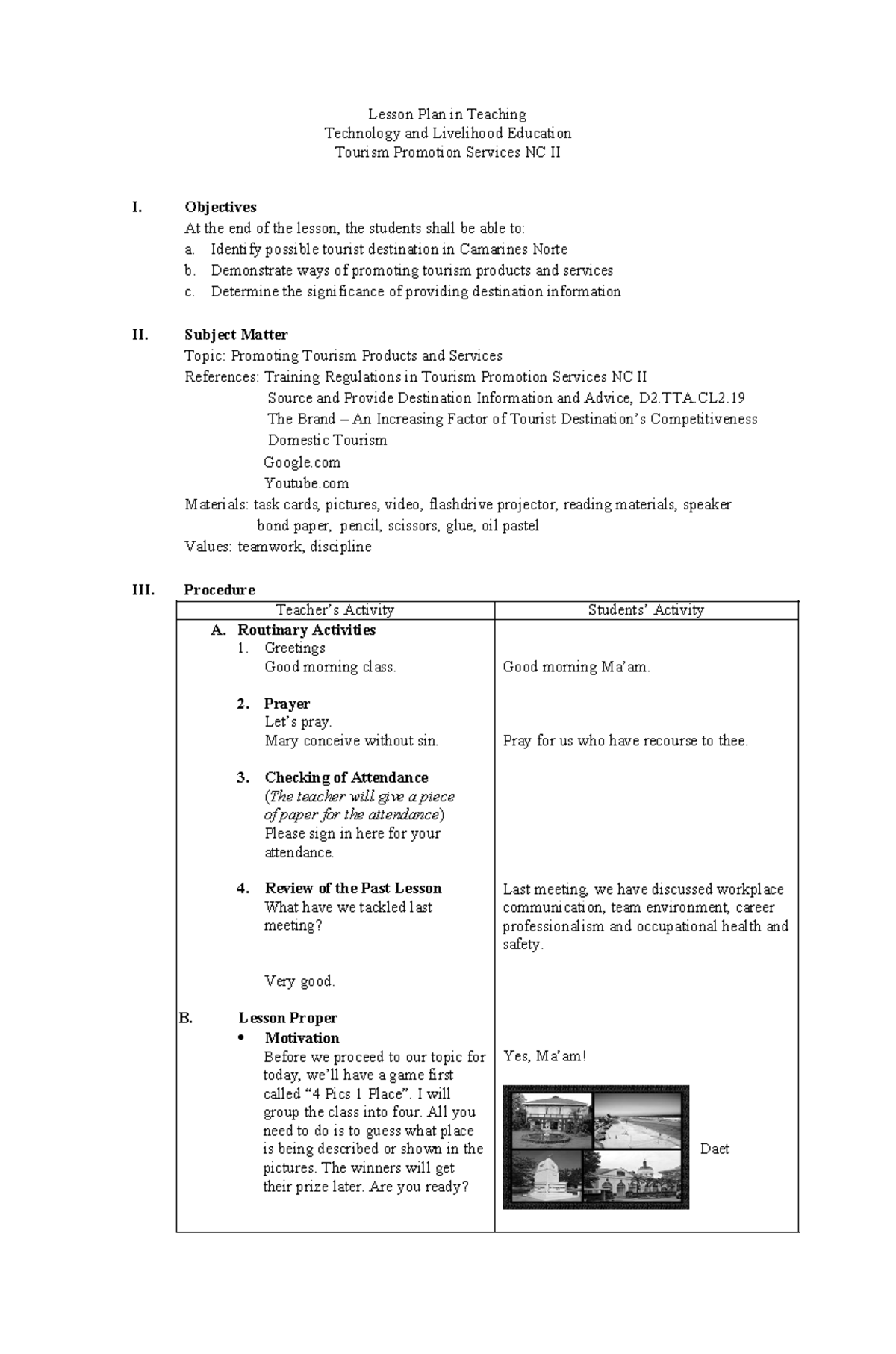Lesson Plan: Promoting Tourism Products & Services - TLE NC II - Studocu