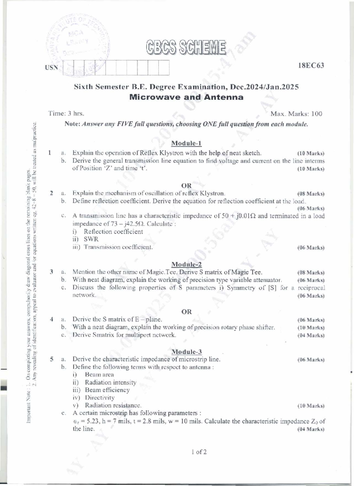 18EC63 Microwave and Antenna Exam Paper - Dec 2024/Jan 2025 - Studocu