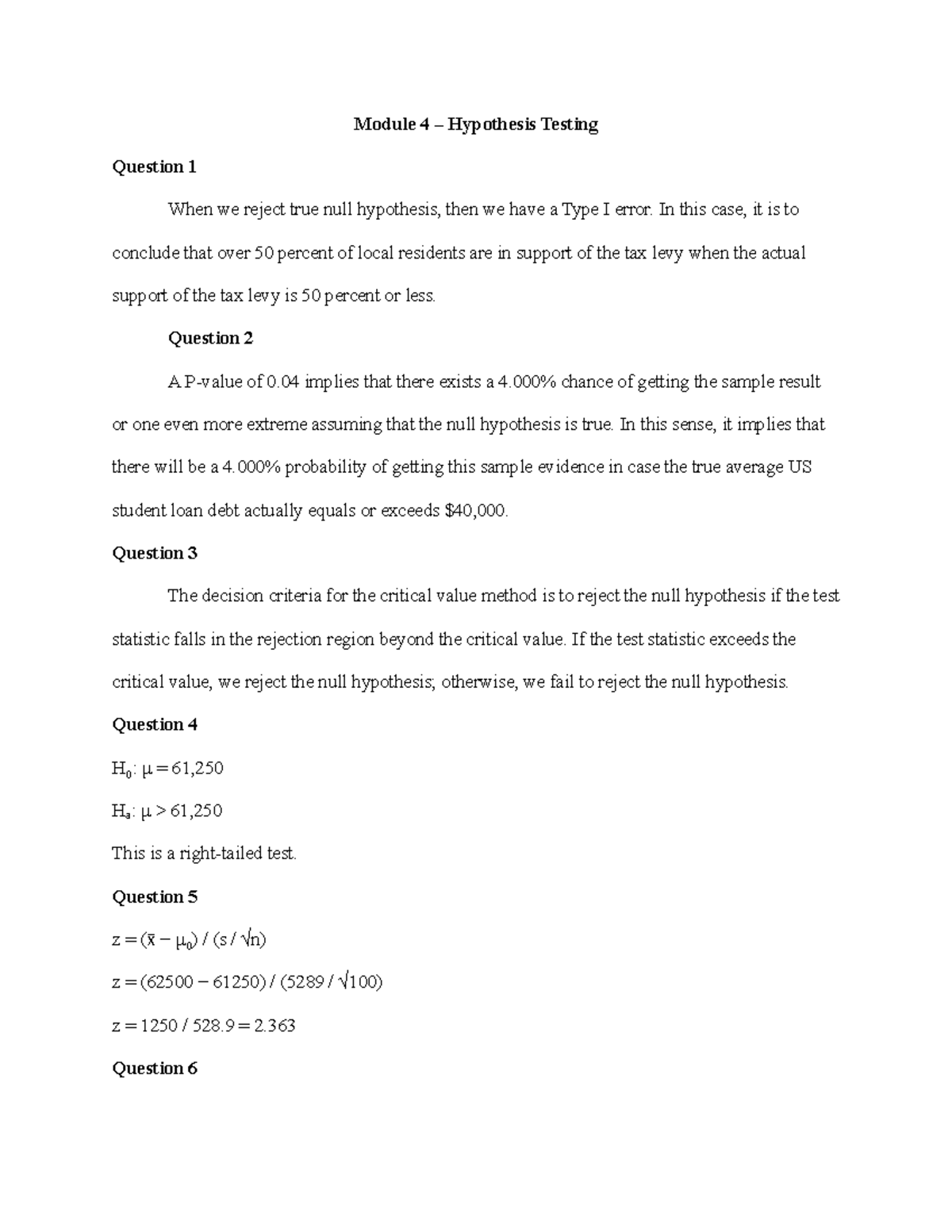 Module 4 - Hypothesis Testing: Key Concepts and Questions - Studocu