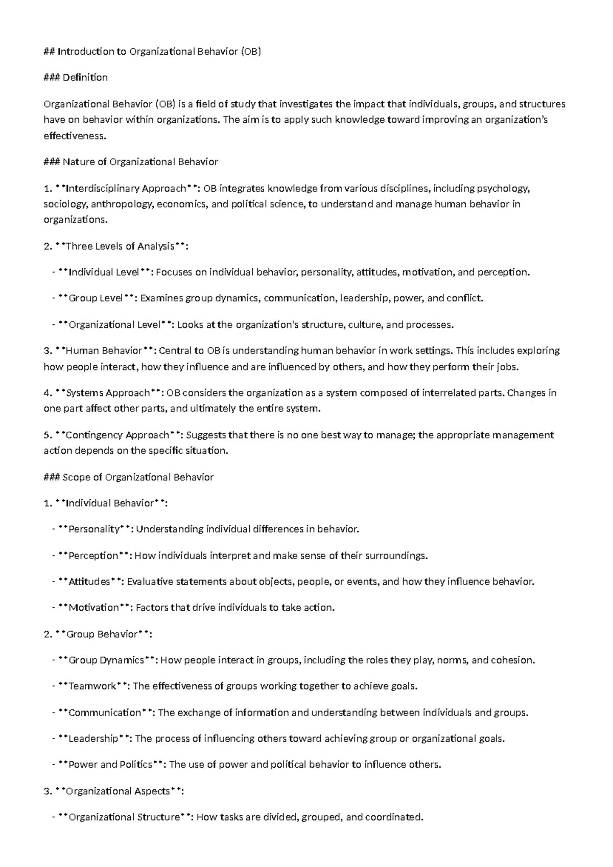 OB - Comprehensive Notes on Organizational Behavior Concepts - Studocu