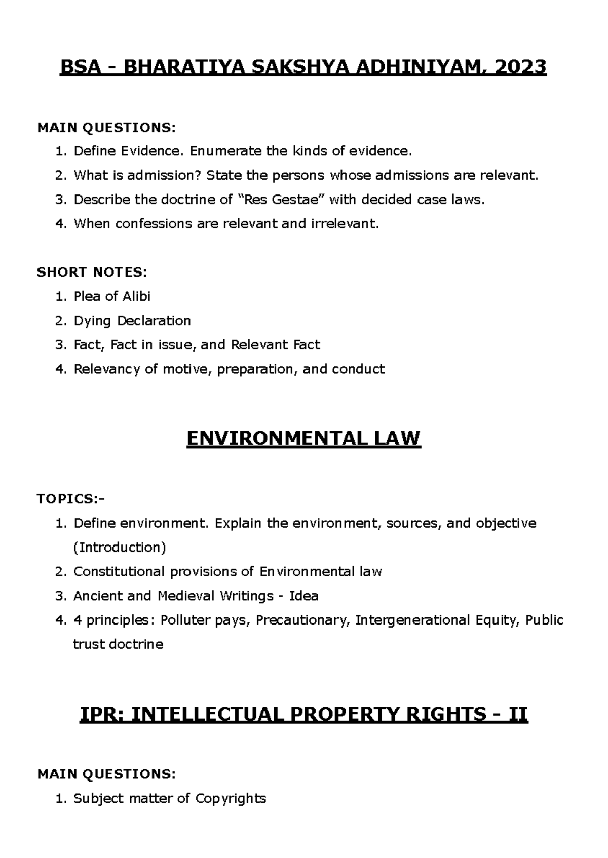 BSA 6th Sem - Internals: Key Questions on Evidence & Environmental Law ...