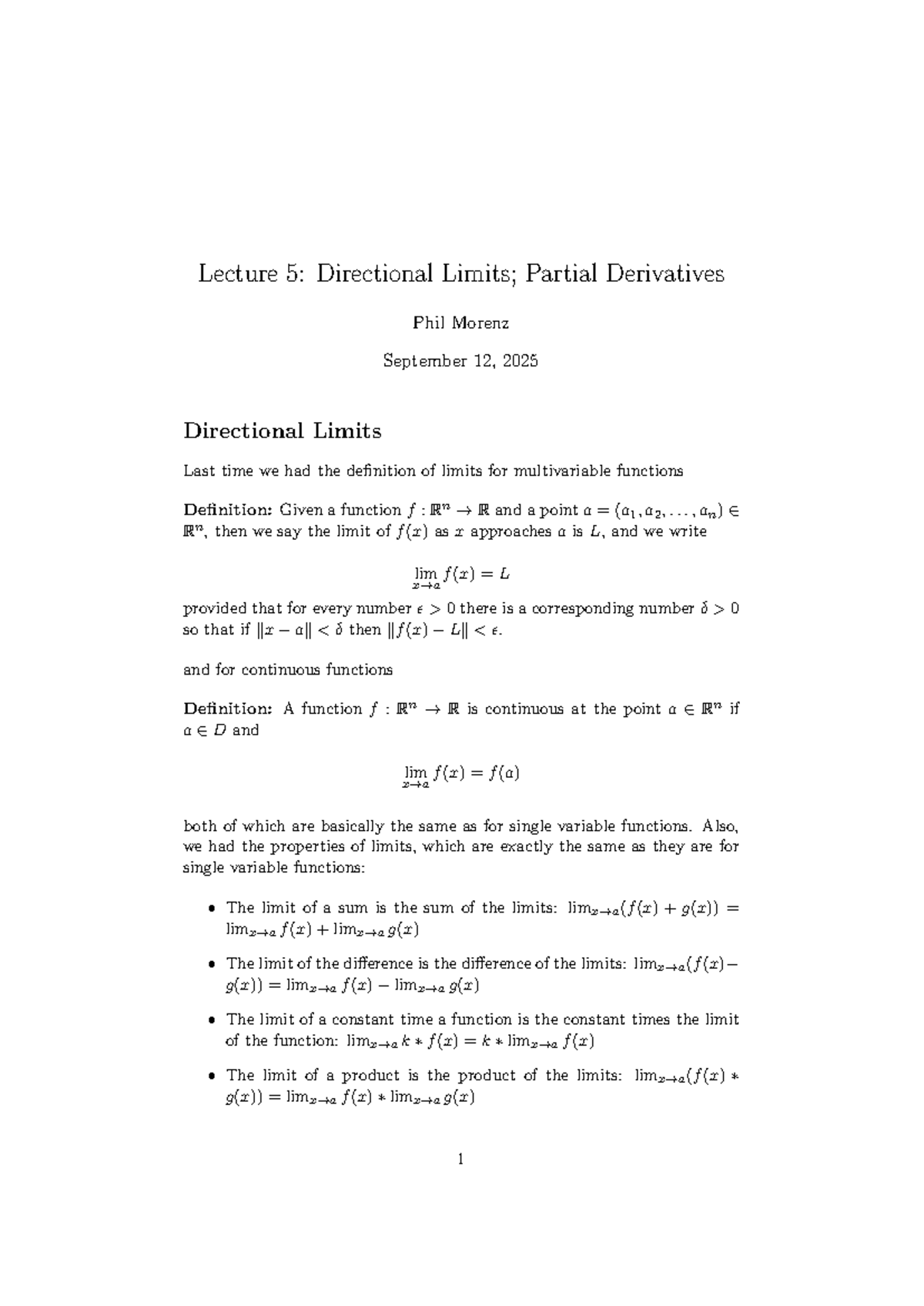 L5: Directional Limits & Partial Derivatives Lecture Notes - Studocu